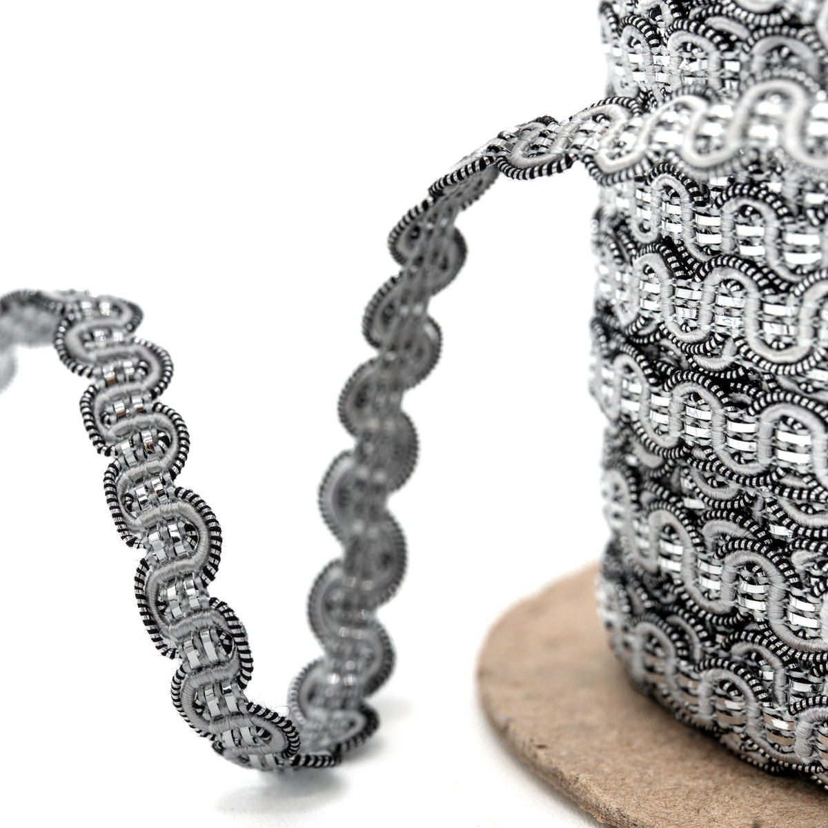 3/8" Gray and Metallic Silver Scroll Braid