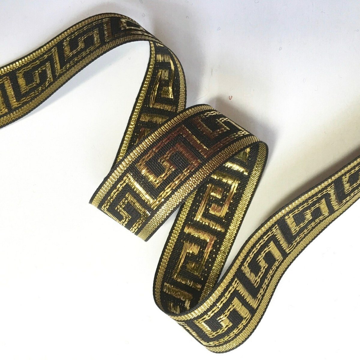 1" Black and Metallic Gold Greek Key Ribbon BTY