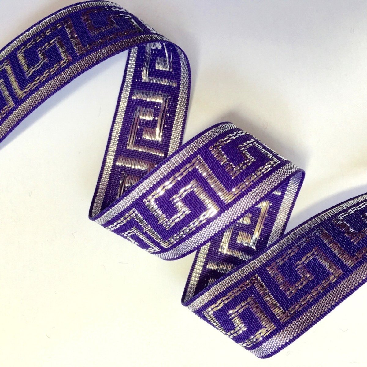 1" Greek Key Ribbon Trim | Purple and Silver Ribbon - BTY
