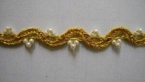 Narrow Gold Metallic Braid with White Pearls By The Yard